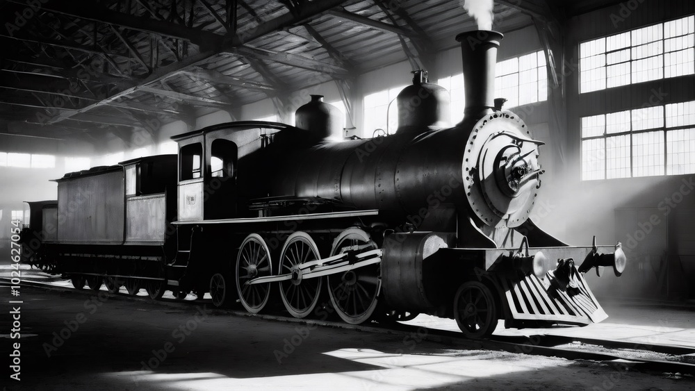 Vintage Steam Locomotive in Industrial Warehouse: A classic black-and ...