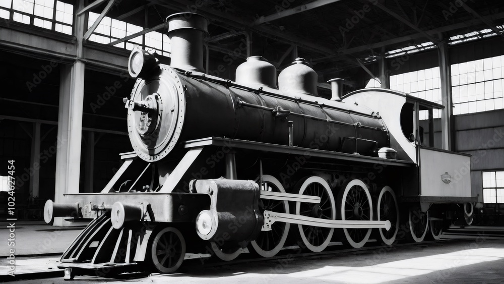 Vintage Steam Locomotive in Industrial Warehouse: A classic black-and ...