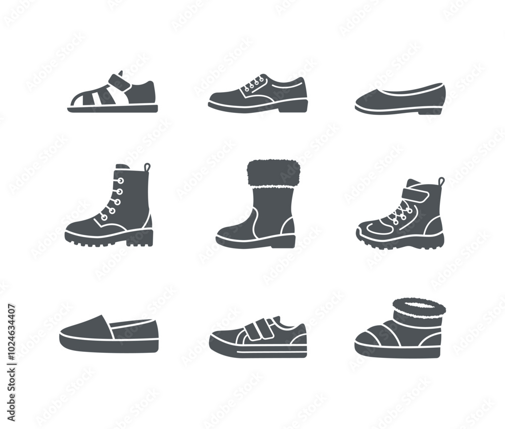 Kids shoes collection. Basic types of footwear for children. Sneakers ...