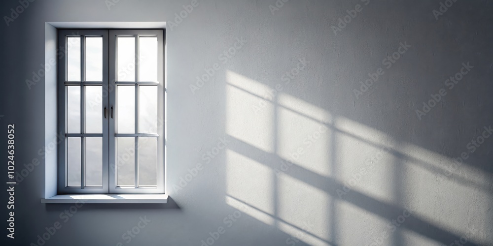 A single window with white panes casting a grid of shadows on a blank ...