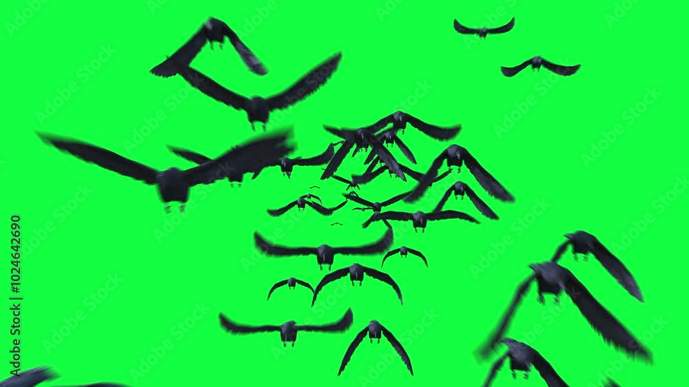 flock of black crow, raven, Flying towards camera on Green Screen. 3d ...