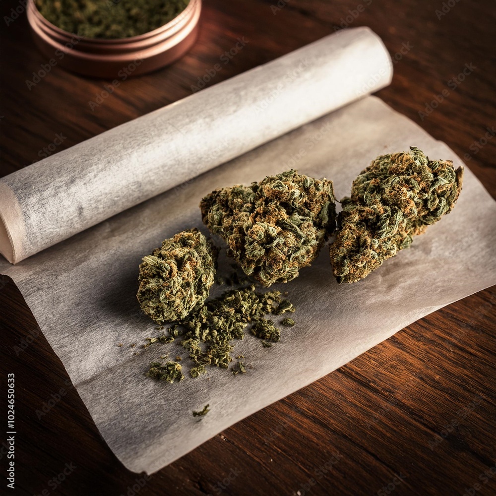 marijuana bud crushed bud of marijuana on the rolling paper and rolling ...