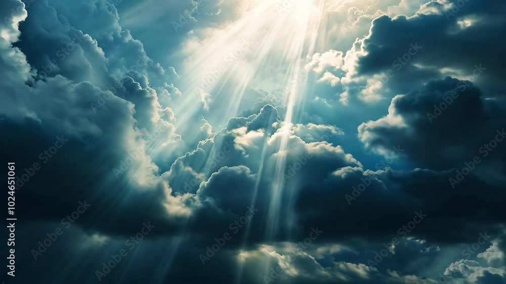 Sun Rays Through Clouds: A dramatic sky with vibrant sun rays piercing ...
