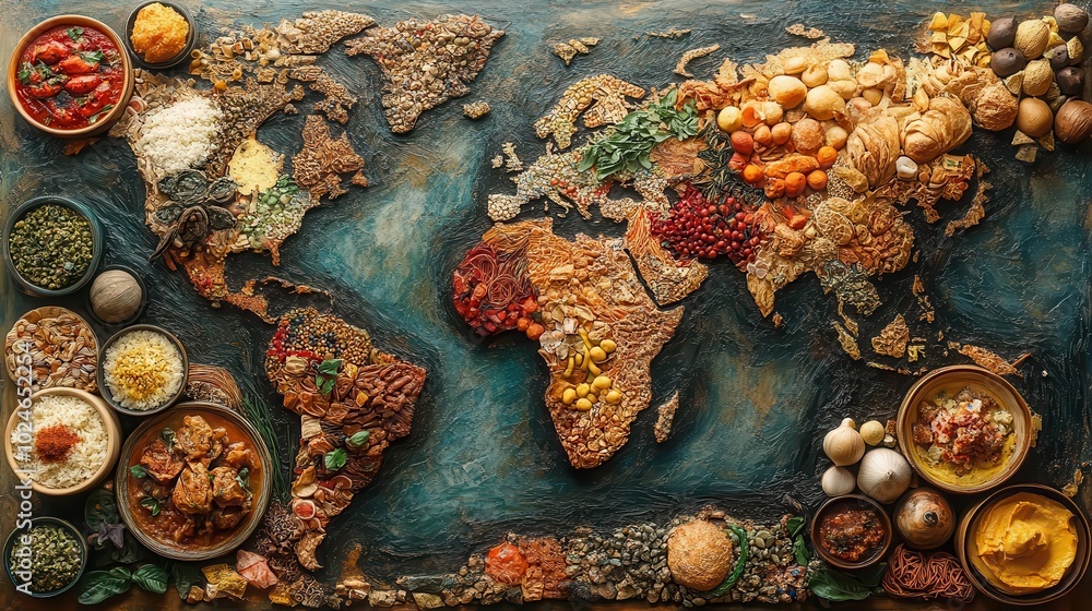 world map creatively depicting diverse cuisines and cultural dishes ...