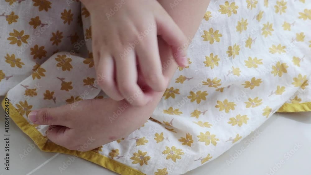 Little girl has skin rash allergy itching and scratching on her arm ...