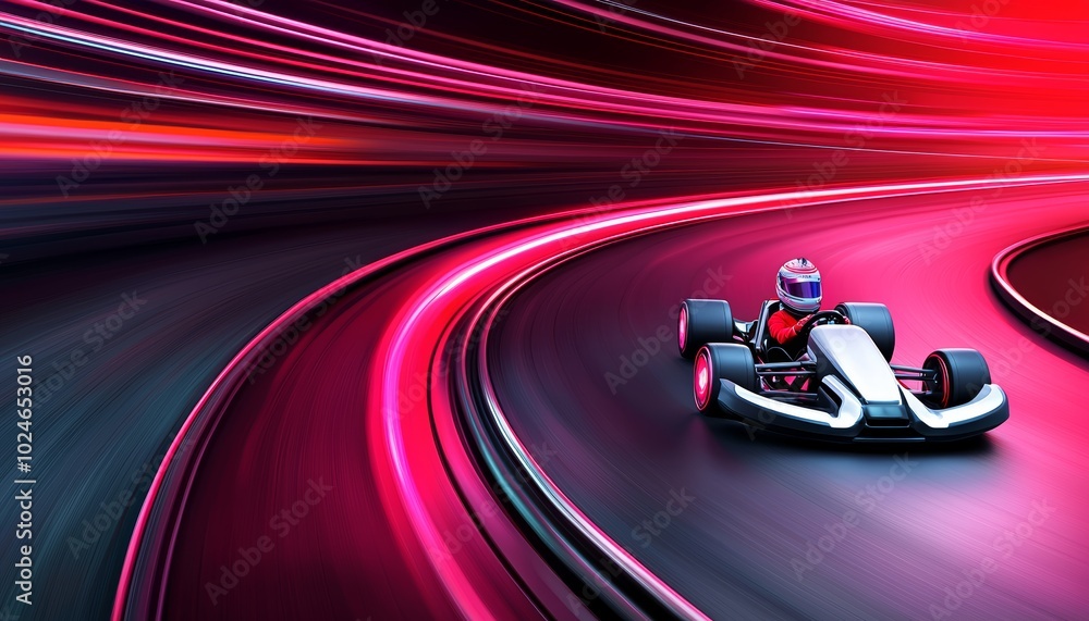 High-speed go-kart on a futuristic track, neon lights creating vibrant ...