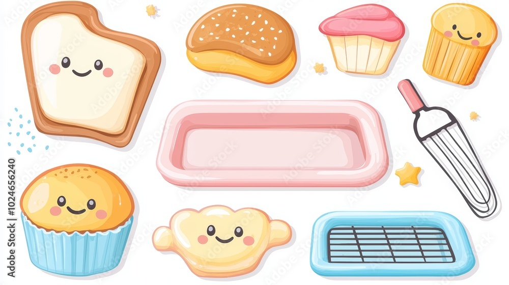 Cute pastel baking sheets, cooling racks, and muffin tins with smiling ...