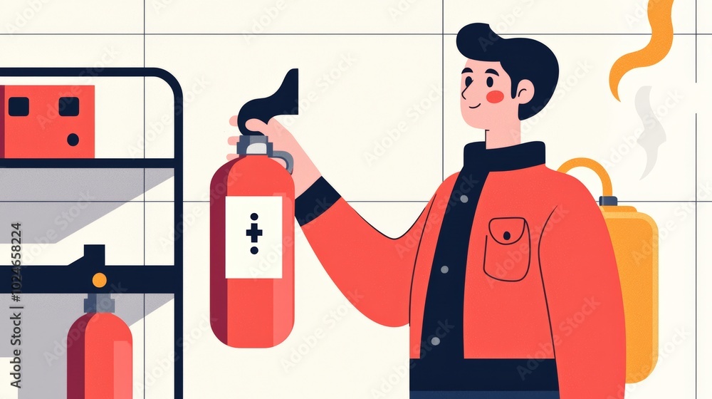 Illustration of a person practicing fire safety drills, using fire ...