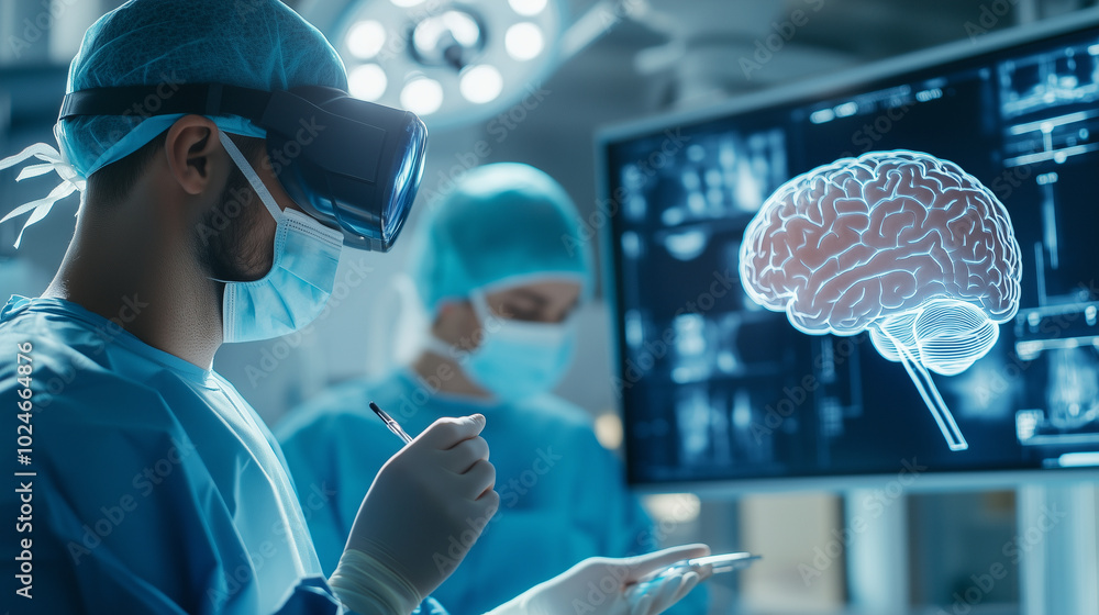 Surgeons in a glowing futuristic medical facility, wearing AR headsets ...