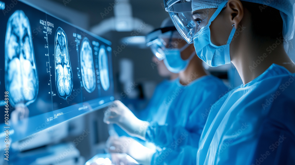 A team of doctors using AR headsets in a modern operating theater ...