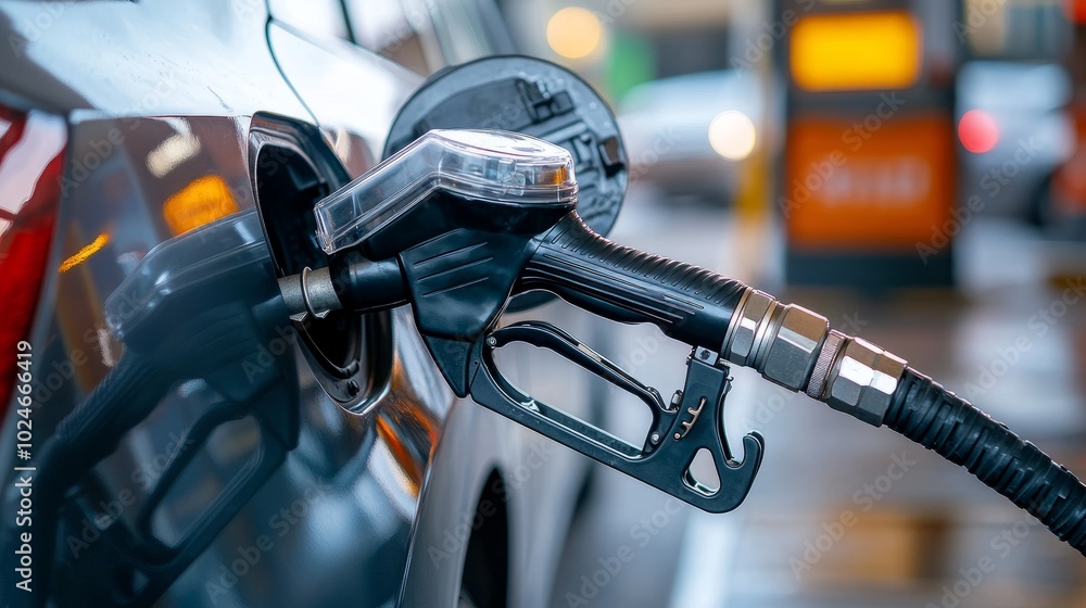 Nozzle inserted into a car's fuel tank, refueling at a modern gas ...