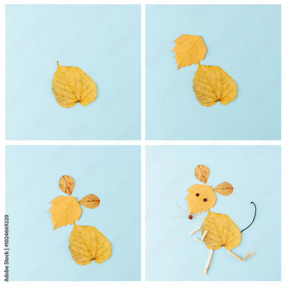 Autumn nature craft for kids, mouse made of leaf, top view, activity ...