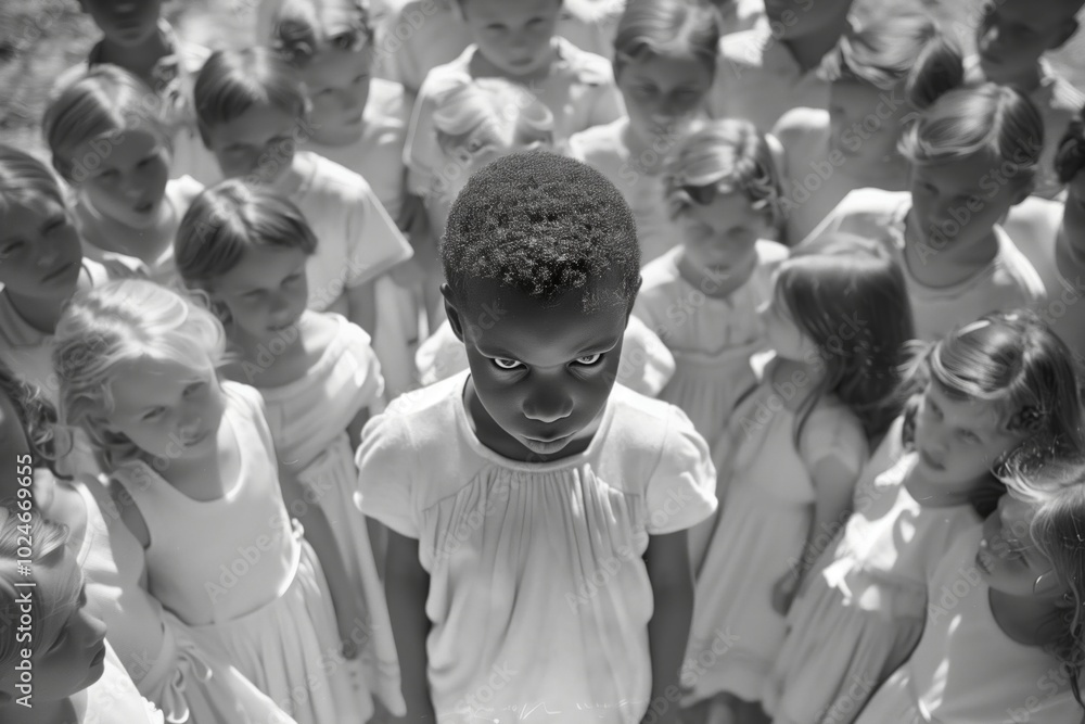 Black African-American child among white-skinned people in a team ...