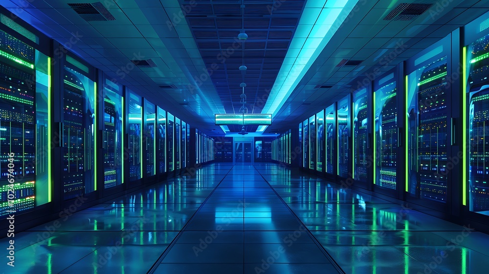 A sleek modern server room with illuminated server racks featuring cool ...