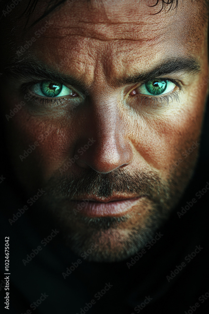 A portrait of a man with intense green eyes, his face illuminated by ...