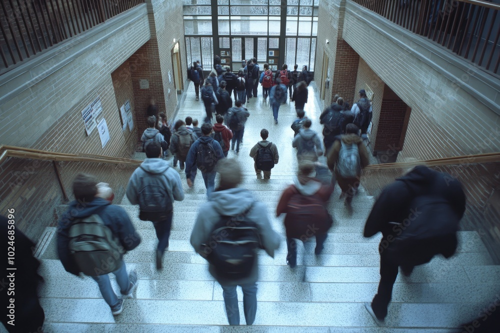 Students rush down a school staircase. This photo is perfect for ...
