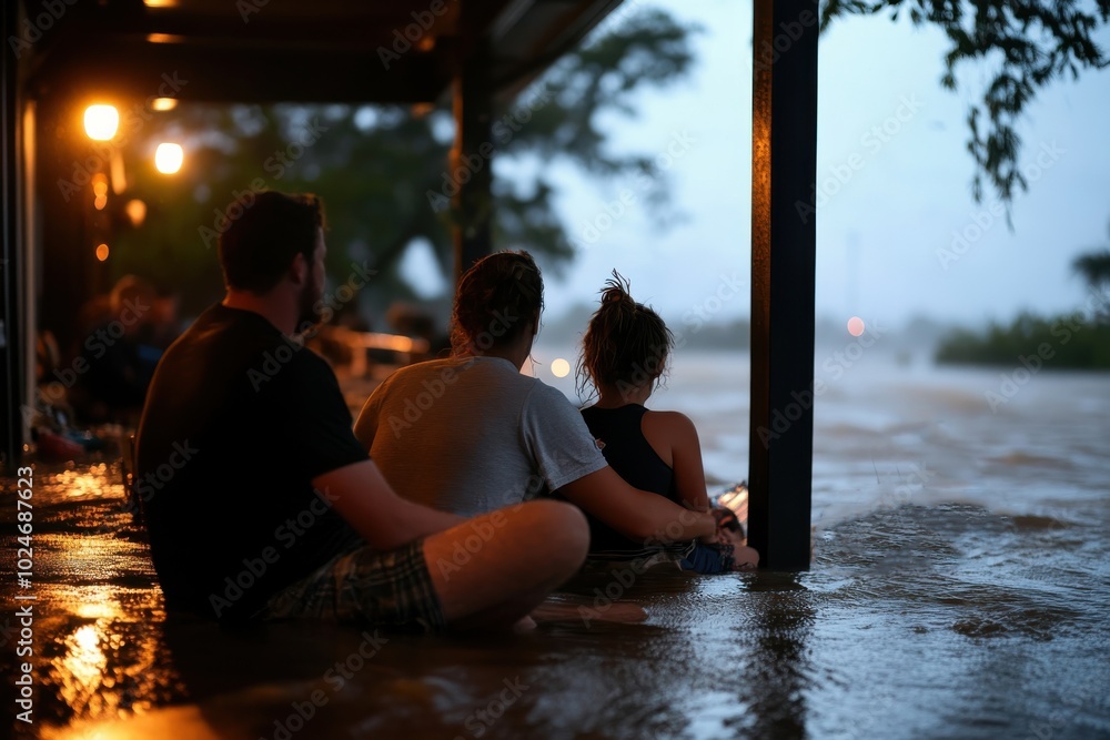 A family sits together at the edge of their porch witnessing ...