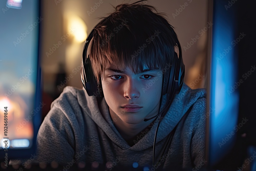Teenage boy gaming on computer. This image can be used for articles ...