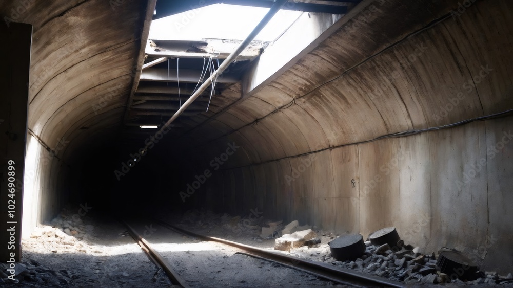 Abandoned Underground Railway Tunnel with Loose Wires: A dimly lit ...