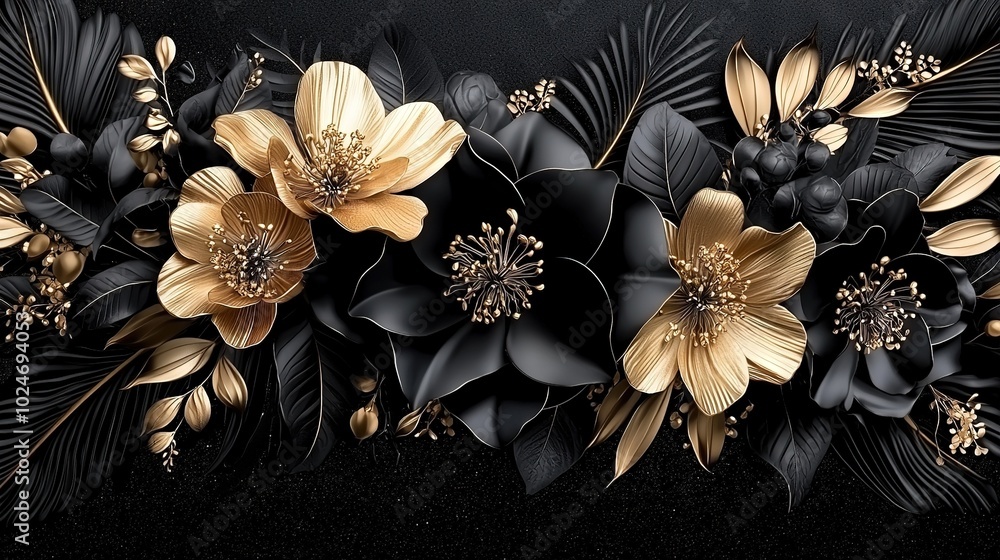 Black background with gold border and a black and gold floral ...