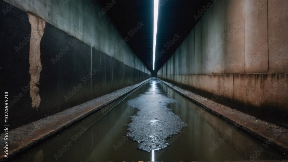 Underground Water Tunnel with Reflections: A dimly lit underground ...