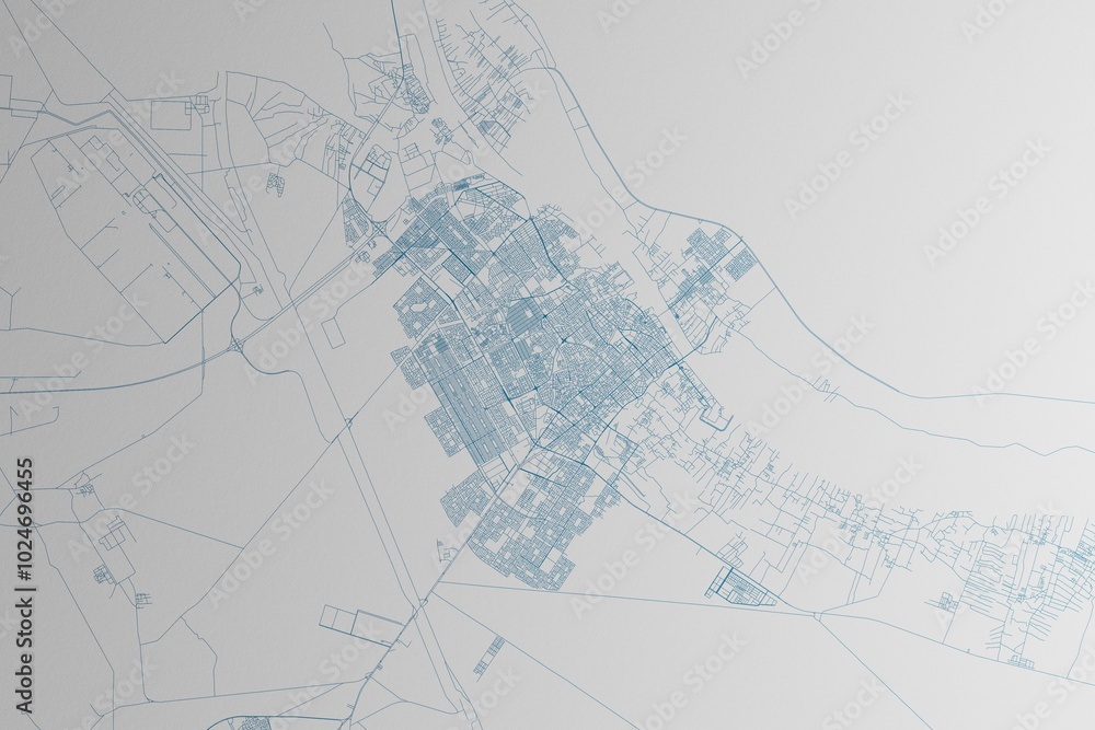 Map of the streets of Basra (Iraq) made with blue lines on white paper ...