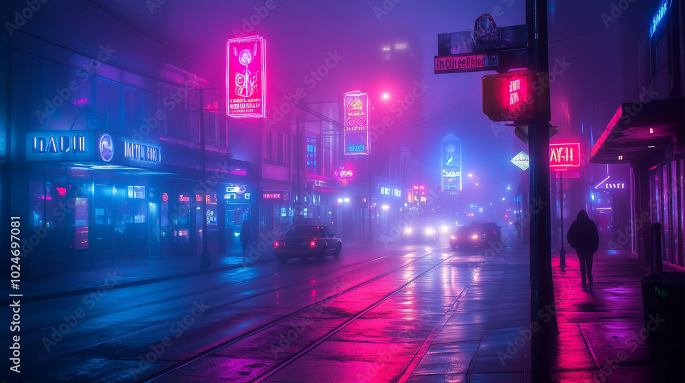 A neon city street with a man walking down the sidewalk. The street is ...