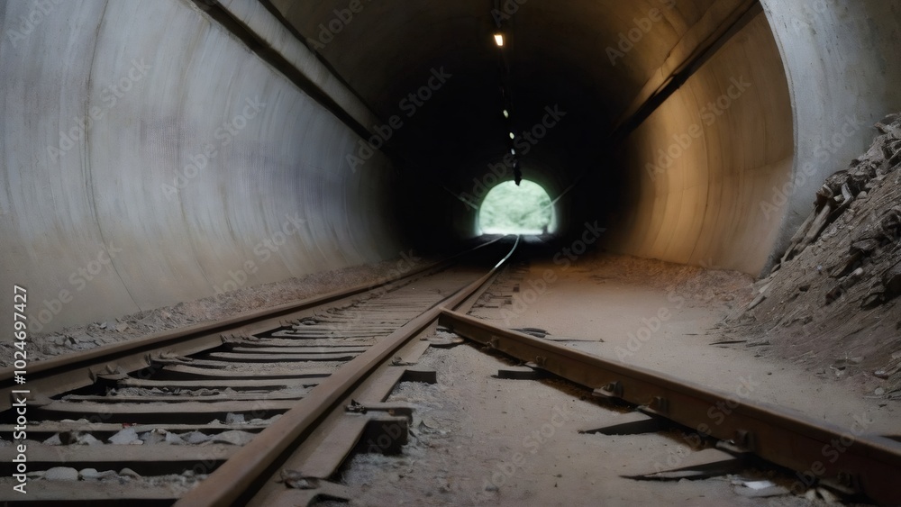 Underground Railway Tunnel with Overgrowth: This wide concrete tunnel, once used by trains, now ...