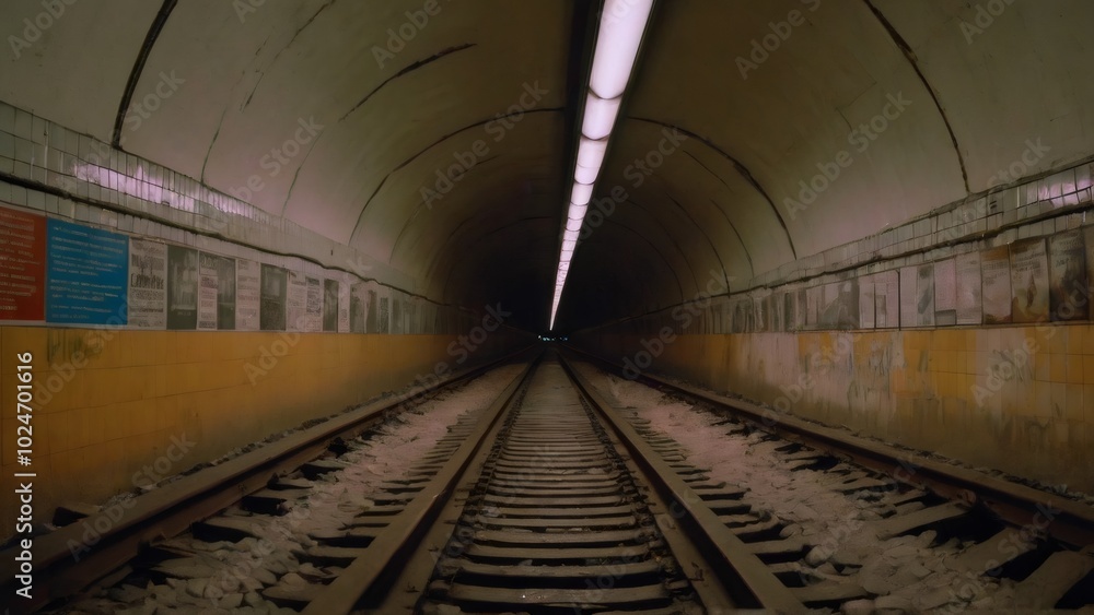 Derelict Underground Train Track Tunnel: The scene shows a neglected ...
