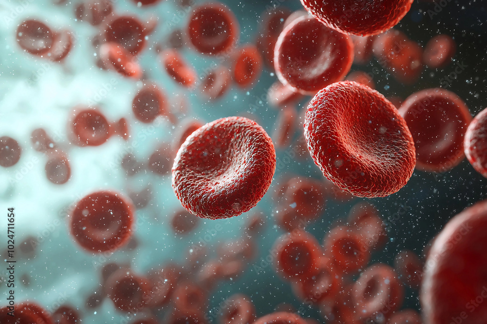 Red blood cells flowing through the bloodstream in a dynamic manner ...