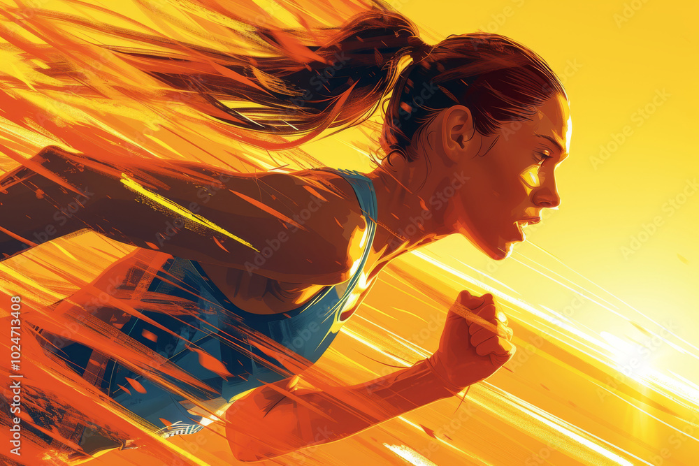 Vibrant and dynamic illustration of female sprinter captured in full ...