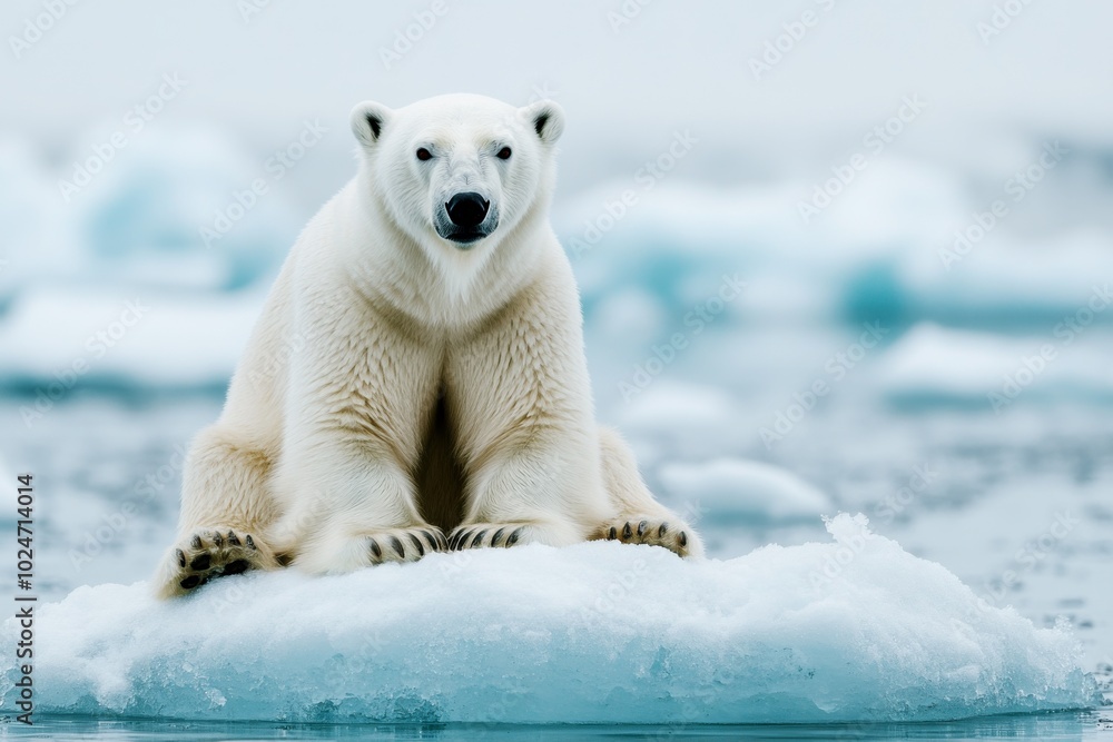 Polar bear sitting on a melting ice floe in the Arctic ocean ...