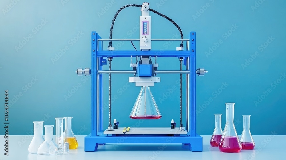 Sleek laboratory with a 3D printer at work, test tubes and beakers ...