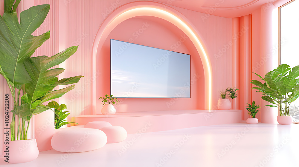 Pastel pink corporate conference room, large screen, soft lighting ...