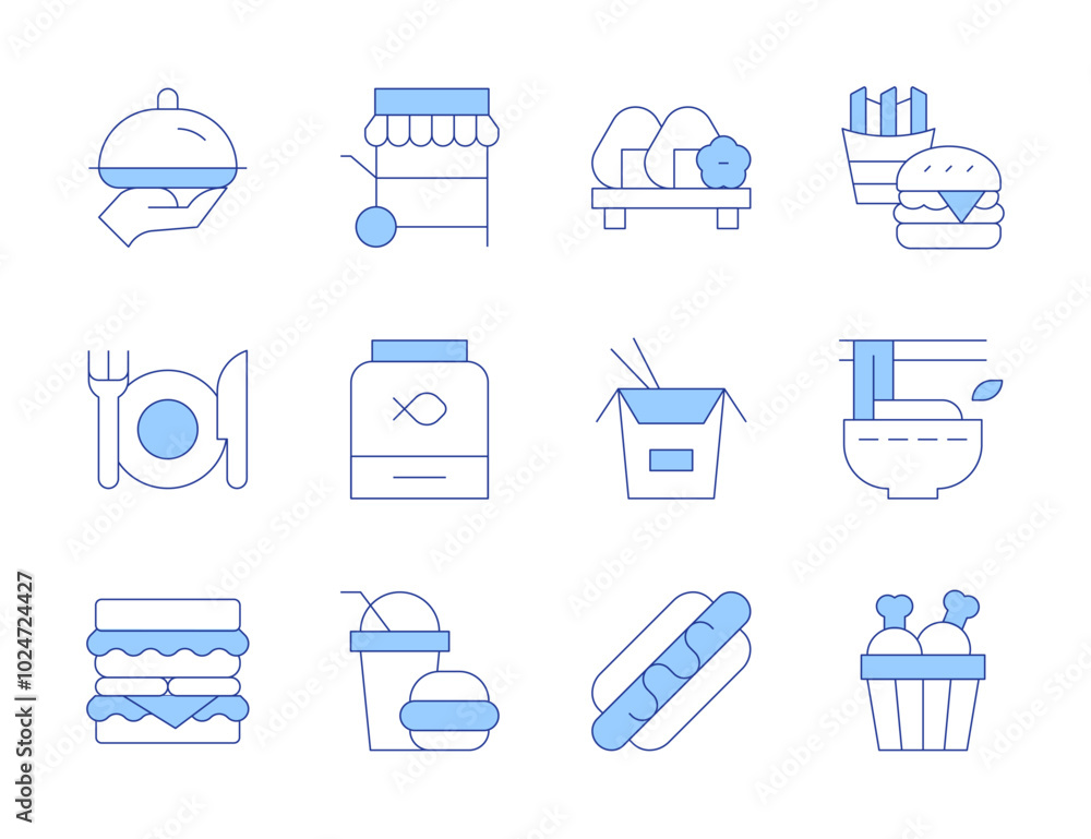 Food icons. Line Duotone style, editable stroke. pet food, pho, onigiri ...