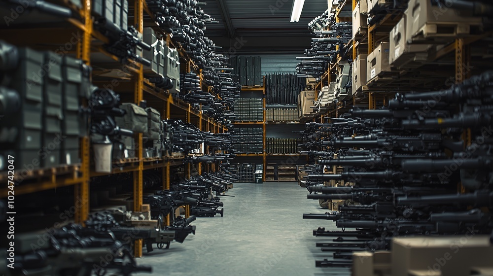 A collection of modern war weapons displayed in a military warehouse ...