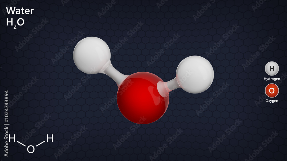 Molecule of Water (H2O). 3d model. Chemical model: Ball and Stick. Dark ...