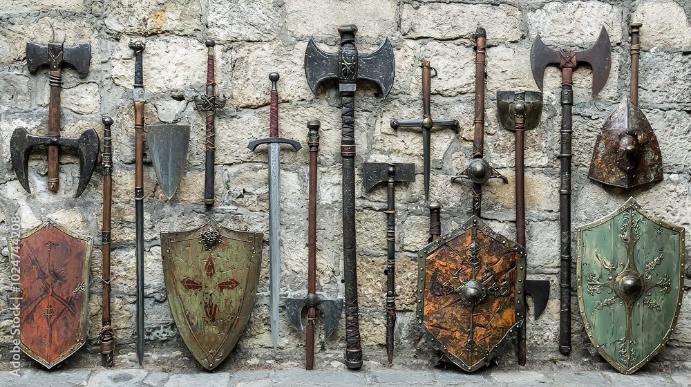 A display of various medieval weapons and shields, showcasing intricate ...