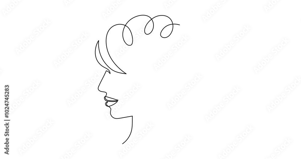 Woman facу one line art animation, hand drawn lady continuous contour ...