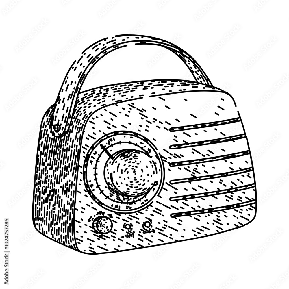 broadcast retro radio hand drawn. transistor dial, antenna receiver ...