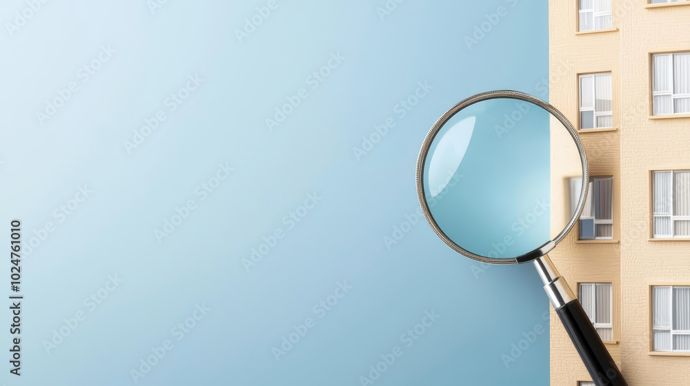magnifying glass examining residential building searching for new house ...
