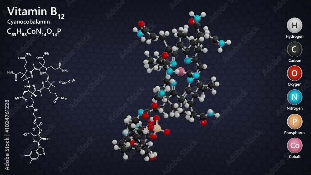 Cobalamin or B12 vitamin. Animated 3d model of molecule. Molecular ...