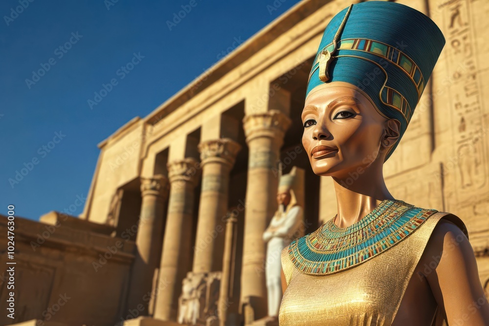 Queen Nefertiti standing before an ancient Egyptian palace, Ancient ...