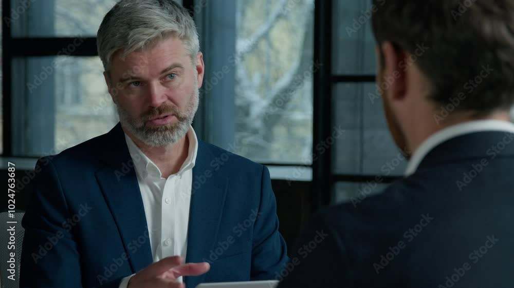 Caucasian man businessman ceo hr director having interview meeting ...