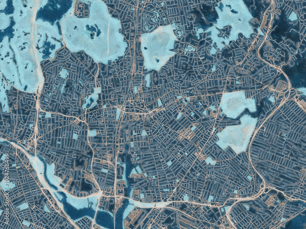 Painterly Style City Map of Malden Massachusetts, USA in a Blue Color ...