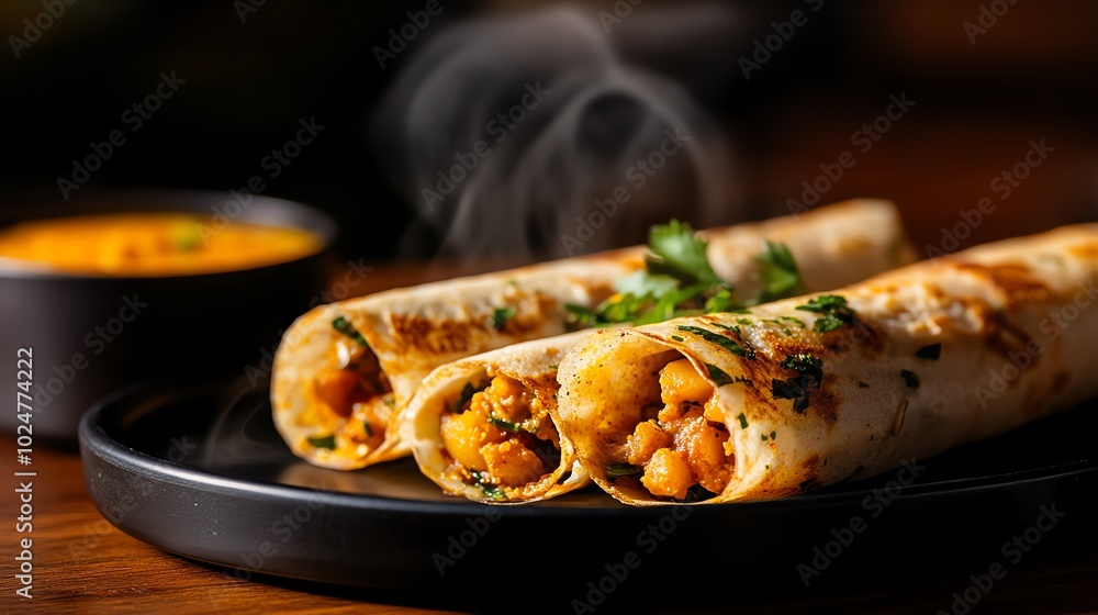 Crispy dosa crepe filled with spiced potato masala, accompanied by ...