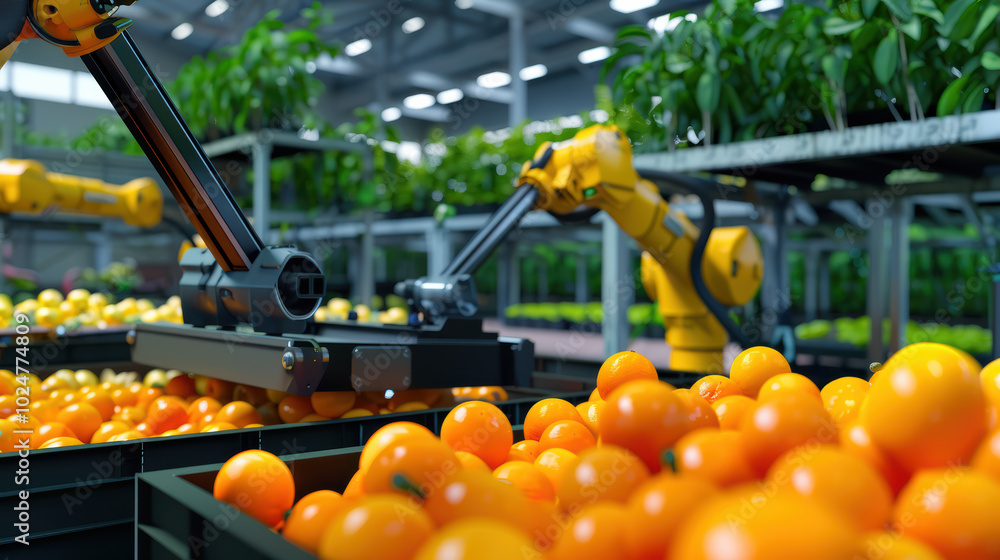 Automated robotic arms sorting fresh oranges in modern agricultural ...
