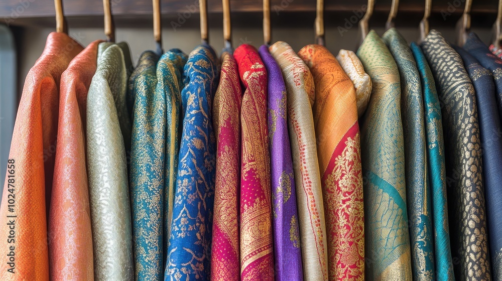 Richly textured dhotis in various colors, neatly displayed on hangers ...