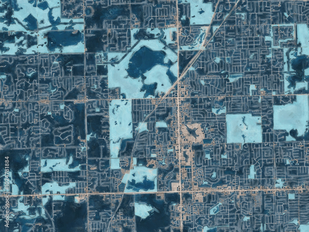 Painterly Style City Map of Orland Park Illinois, USA in a Blue Color ...