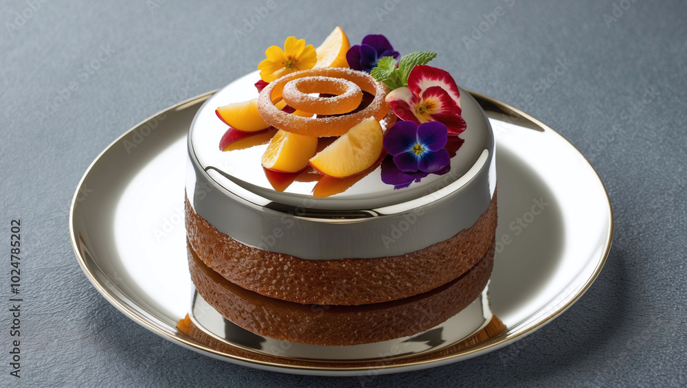 A beautifully crafted entremet with a mirror glaze finish decorated ...